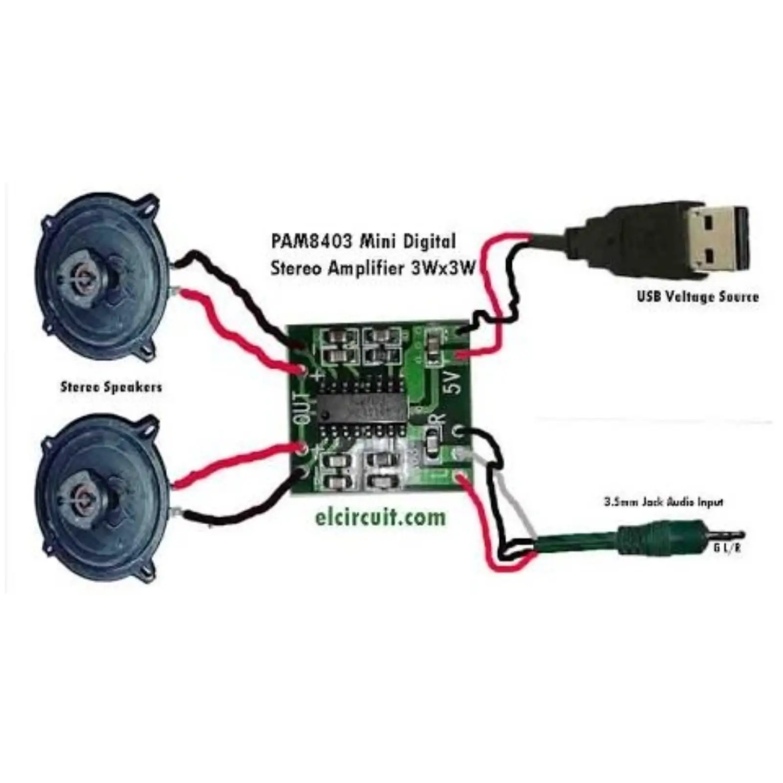 Tiny amplifier operates on 5v dc and produces an output of 6w (2x3 w)