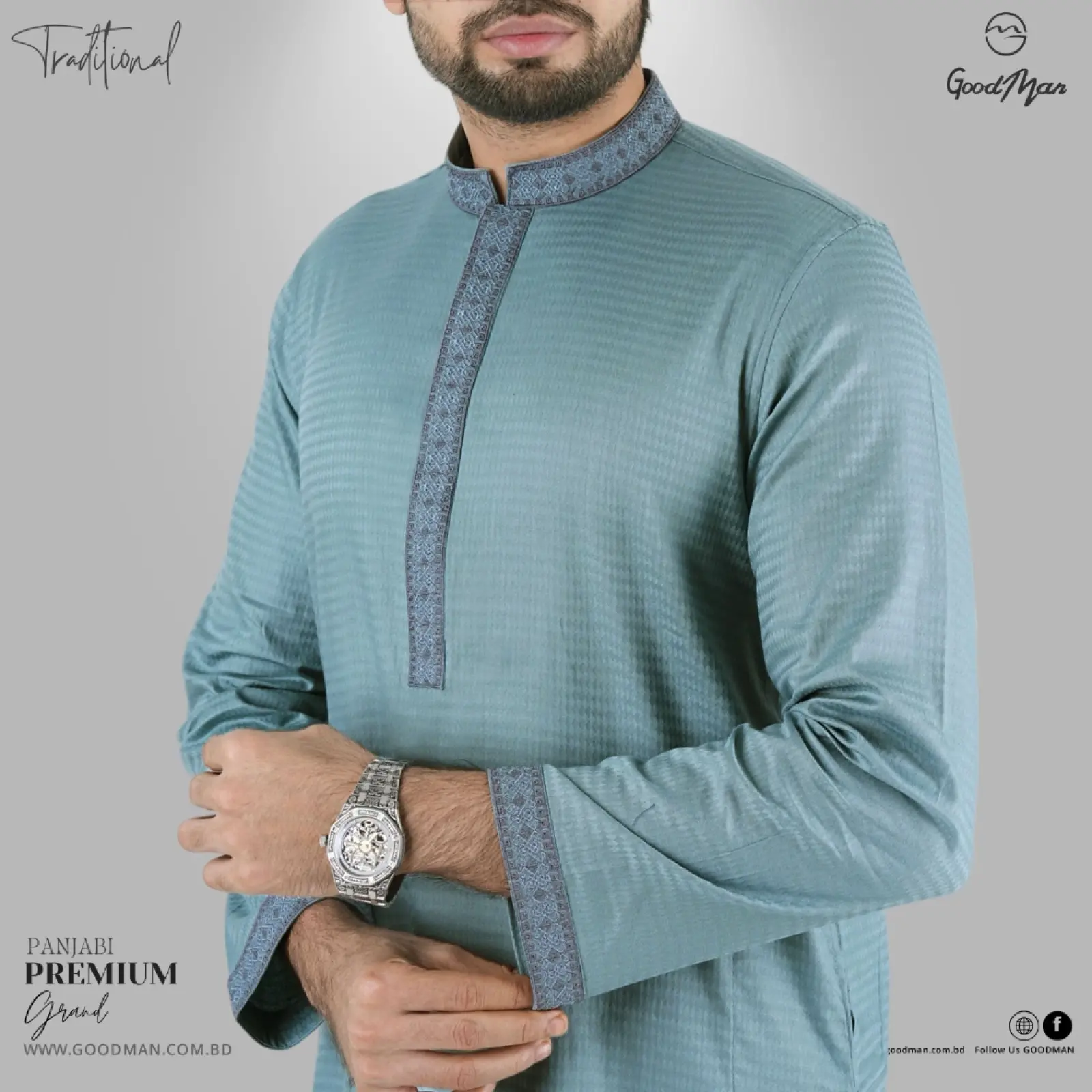 GoodMan Premium Quality Sky Blue Color Semi Long Panjabi for Men.